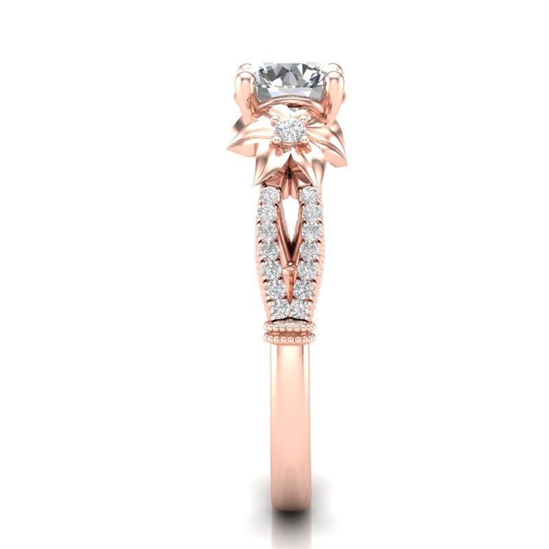 Flower Engagement Ring 14K Rose Gold Ring Milgrain Floral Ring | Etsy