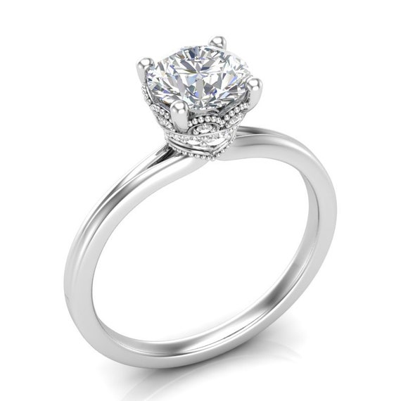 White Gold Unique Engagement Ring Solitaire Diamond Ring Crown | Etsy