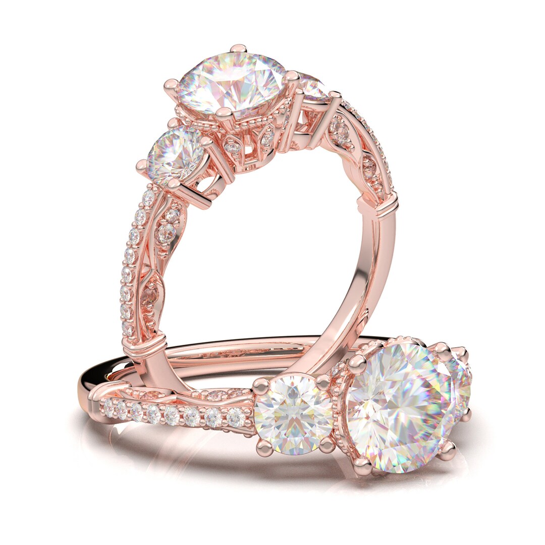 Rose Gold Vintage Three Stone Engagement Ring Unique Filigree - Etsy