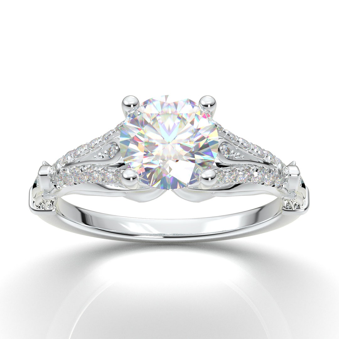 White Gold Vintage Engagement Ring Floral Leaf Filigree Ring Unique ...