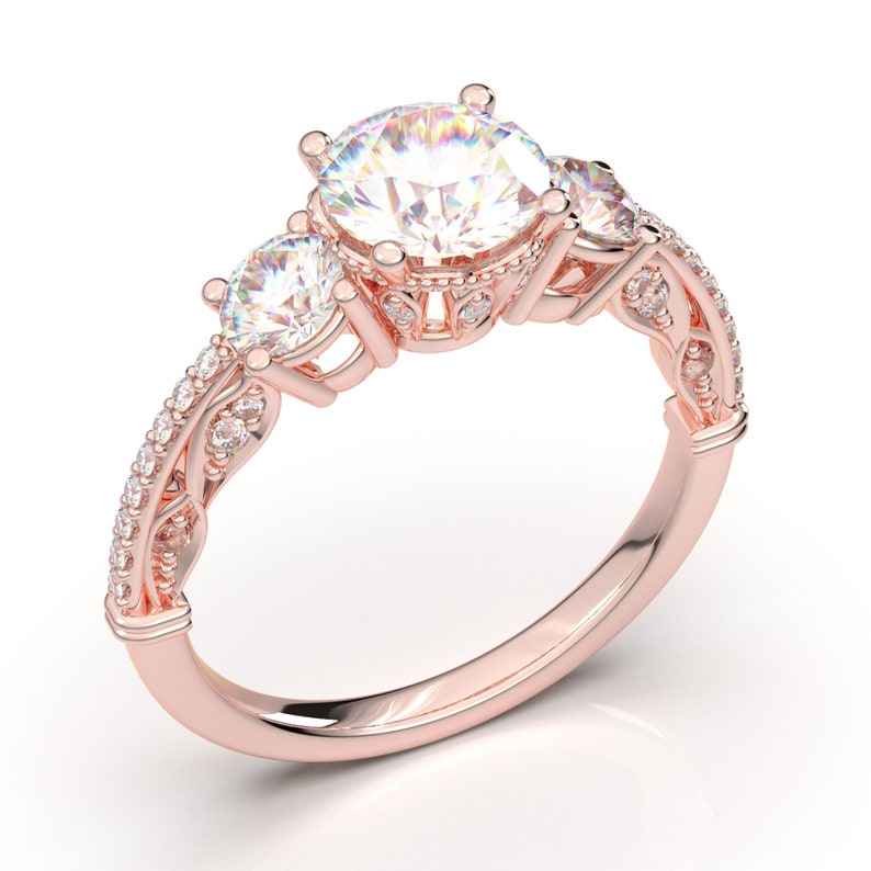 Rose Gold Vintage Three Stone Engagement Ring Unique Filigree - Etsy