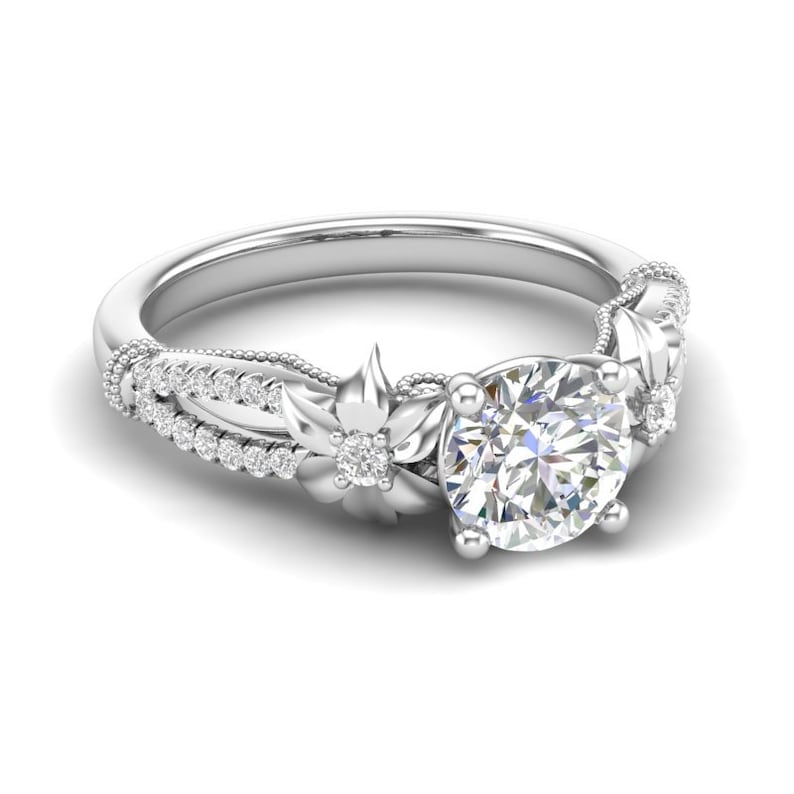 Flower Engagement Ring 14K White Gold Ring Milgrain Floral | Etsy