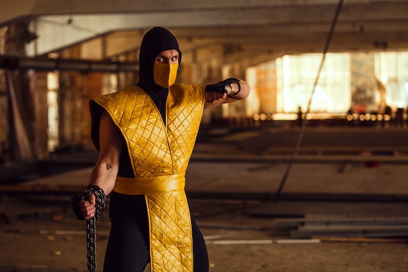 Men s Fancy Dress MENS Mortal Kombat Scorpion Costume Adult Yellow Ninja HALLOWEEN Karate men-s-fancy-dress-mens-mortal-kombat-scorpion-costume-adult-yellow-ninja-halloween-karate