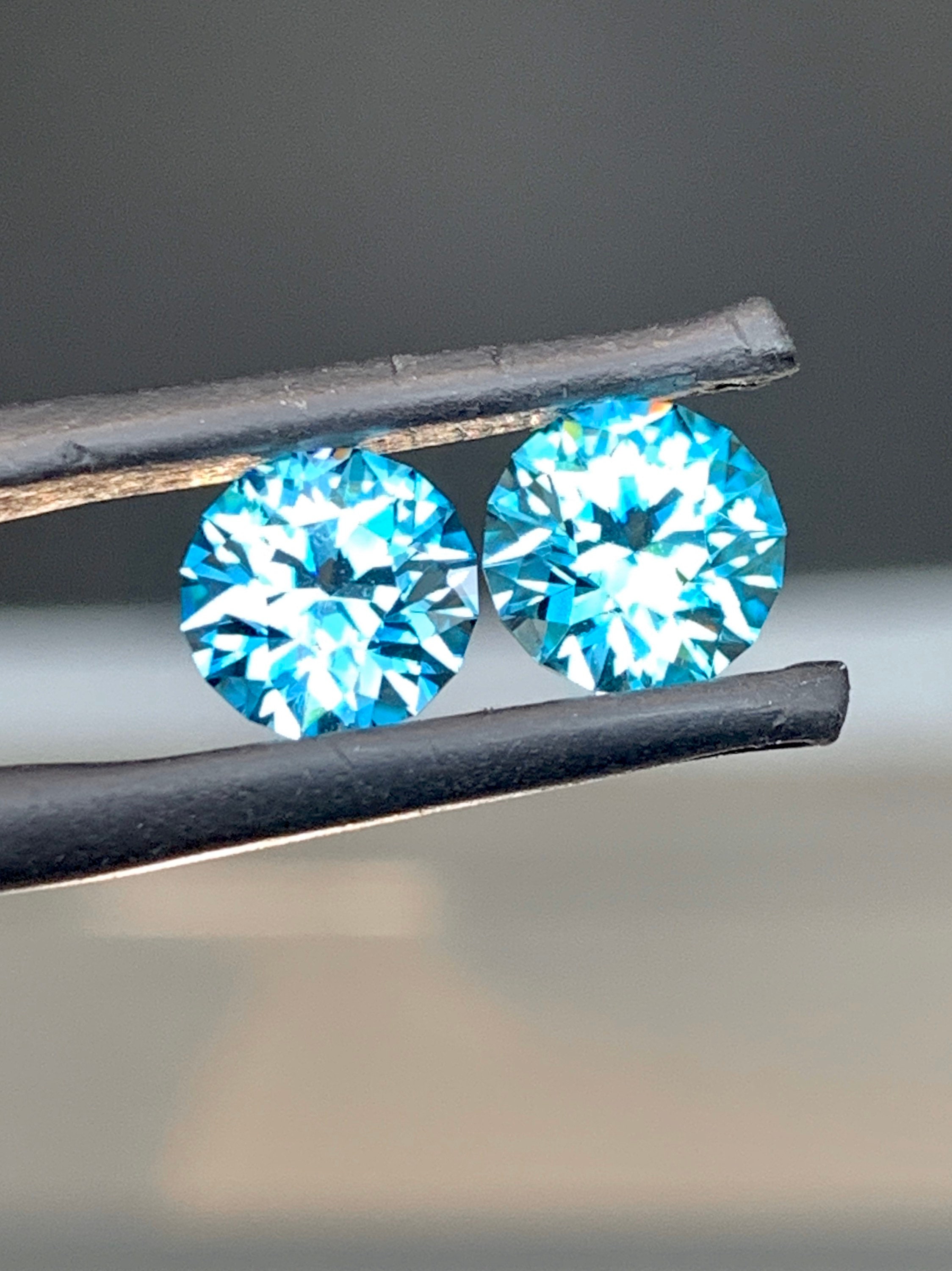 Blue Zircon, matched pair, 3.49tcw, 6mm Precision cut, round brilliant ...