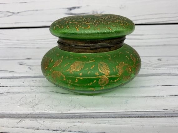 Victorian Hand Painted French Green Glass Hinged Powd… - Gem