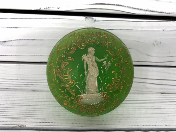 Victorian Hand Painted French Green Glass Hinged Powd… - Gem