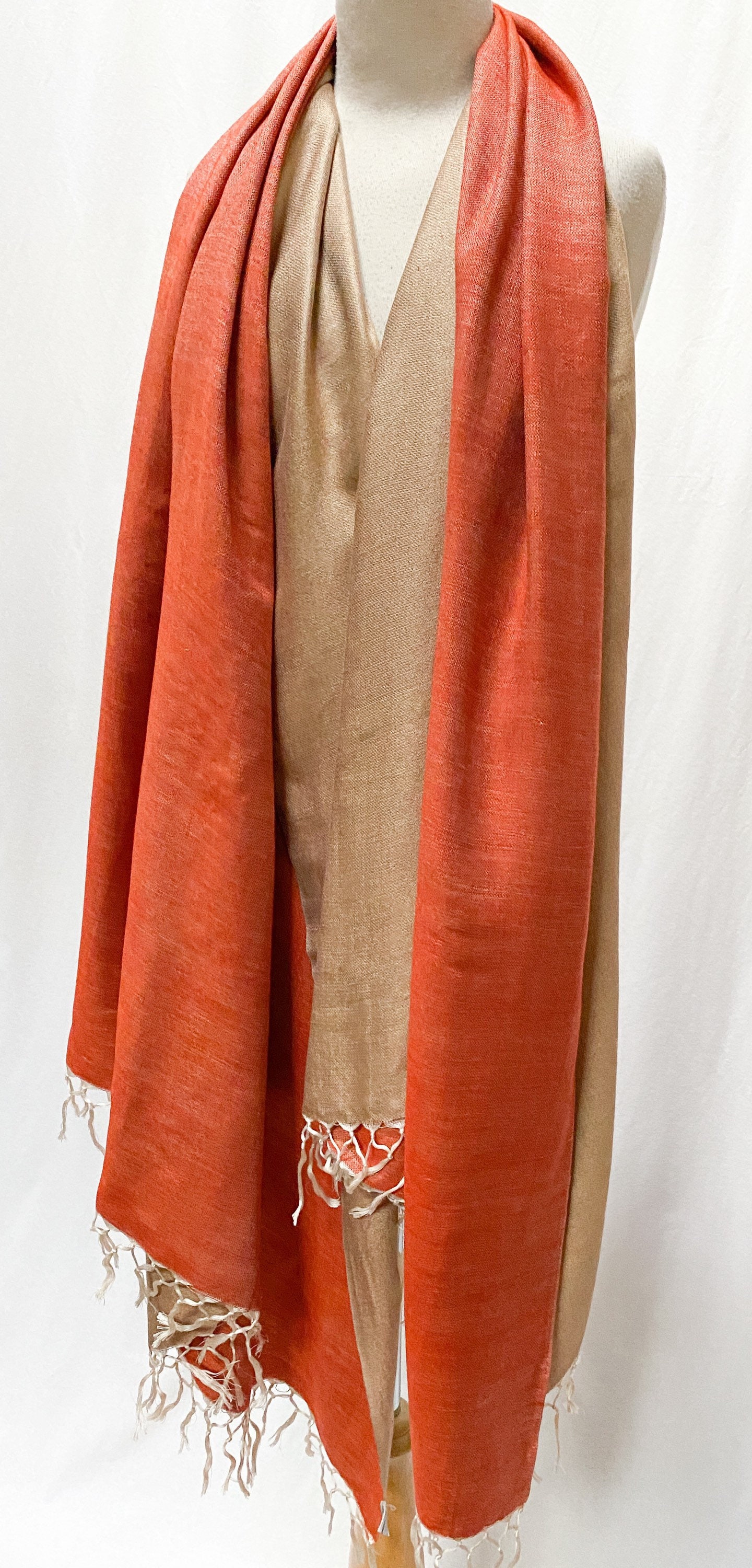 Pure Silk Pashmina Blend Reversible Shawl W/hand Knotted Fringe Rust ...