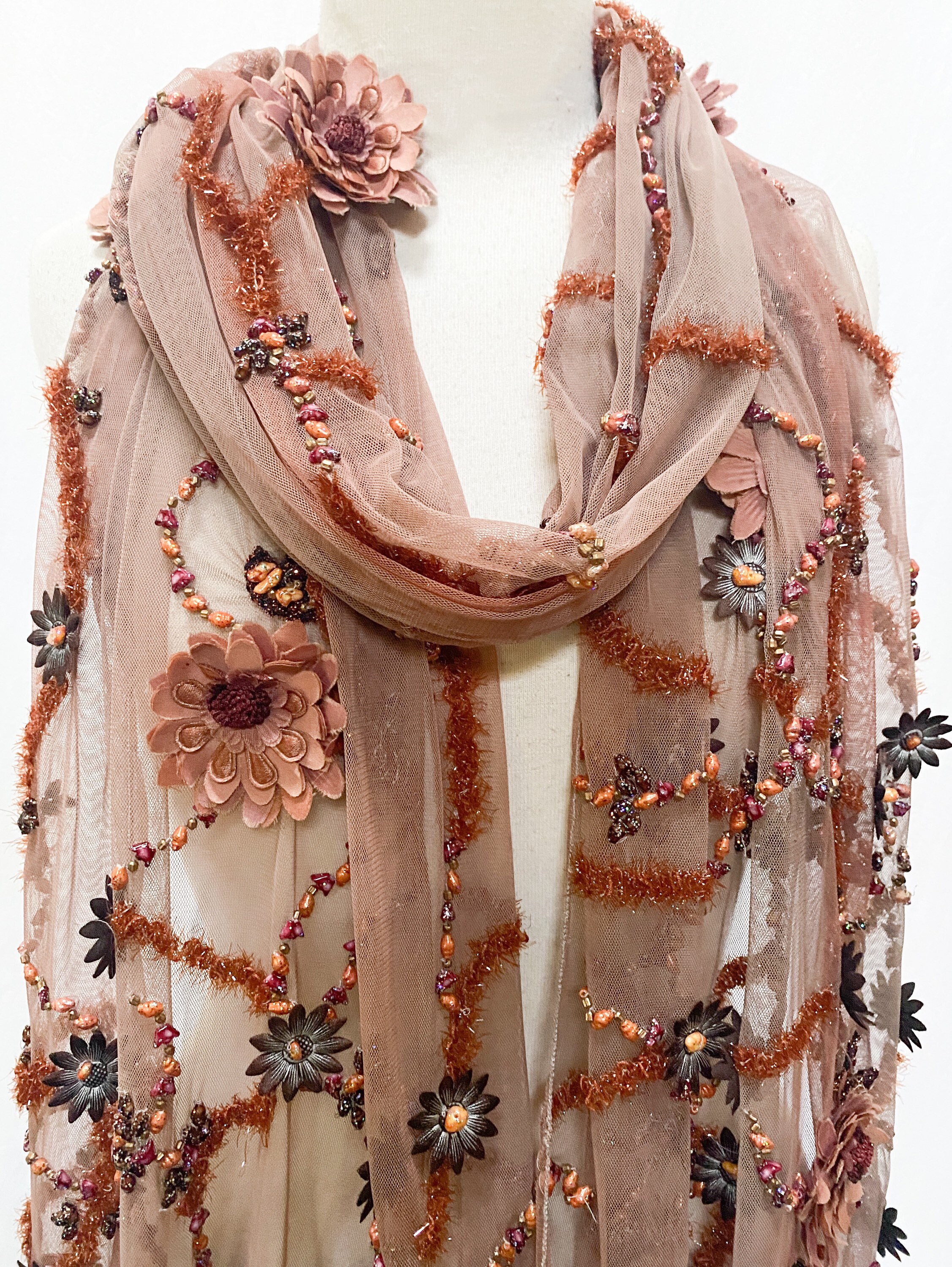 Beaded Floral Sheer Net Scarf Shawl Stole Wrap Runner Mauve - Etsy