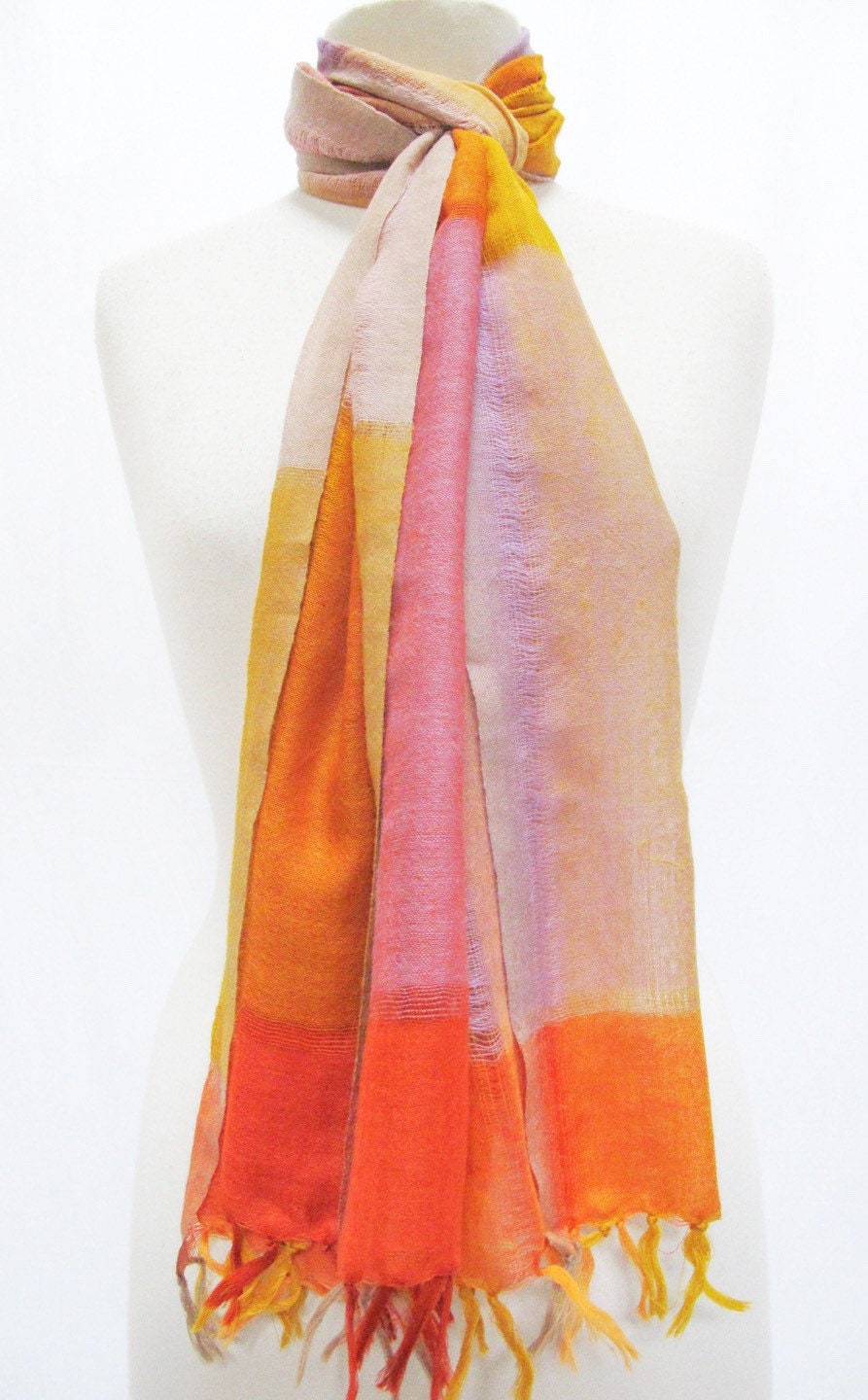 Lightweight Color Block Sheer Gauze Wool Shawl Stole Scarf Burnt Orange ...