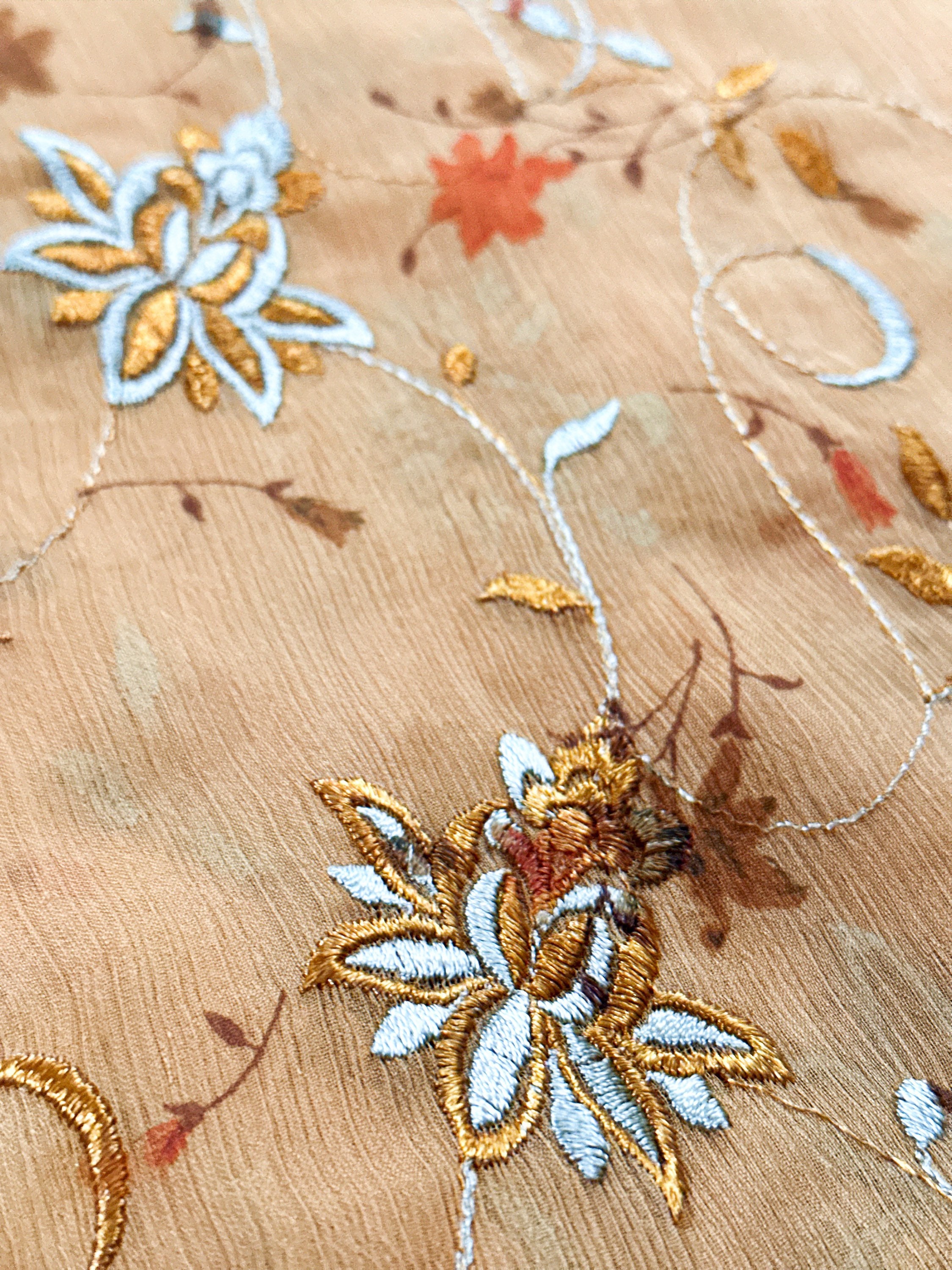 Vintage Floral Embroidered Sheer Georgette Shawl Saffron Orange - Etsy
