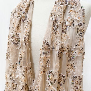 Appliqué Floral Lace Beaded Sequin Sheer Net Stole Shawl Wrap Scarf ...