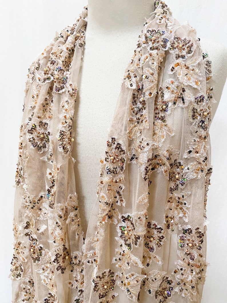 Appliqué Floral Lace Beaded Sequin Sheer Net Stole Shawl Wrap Scarf ...
