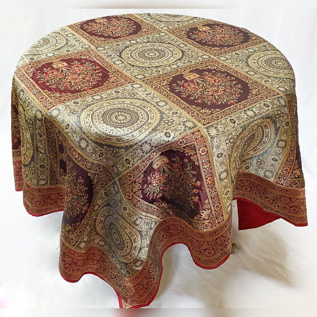 Medallion Floral Brocade Table Topper Burgundy Grey Gold Silver - Etsy