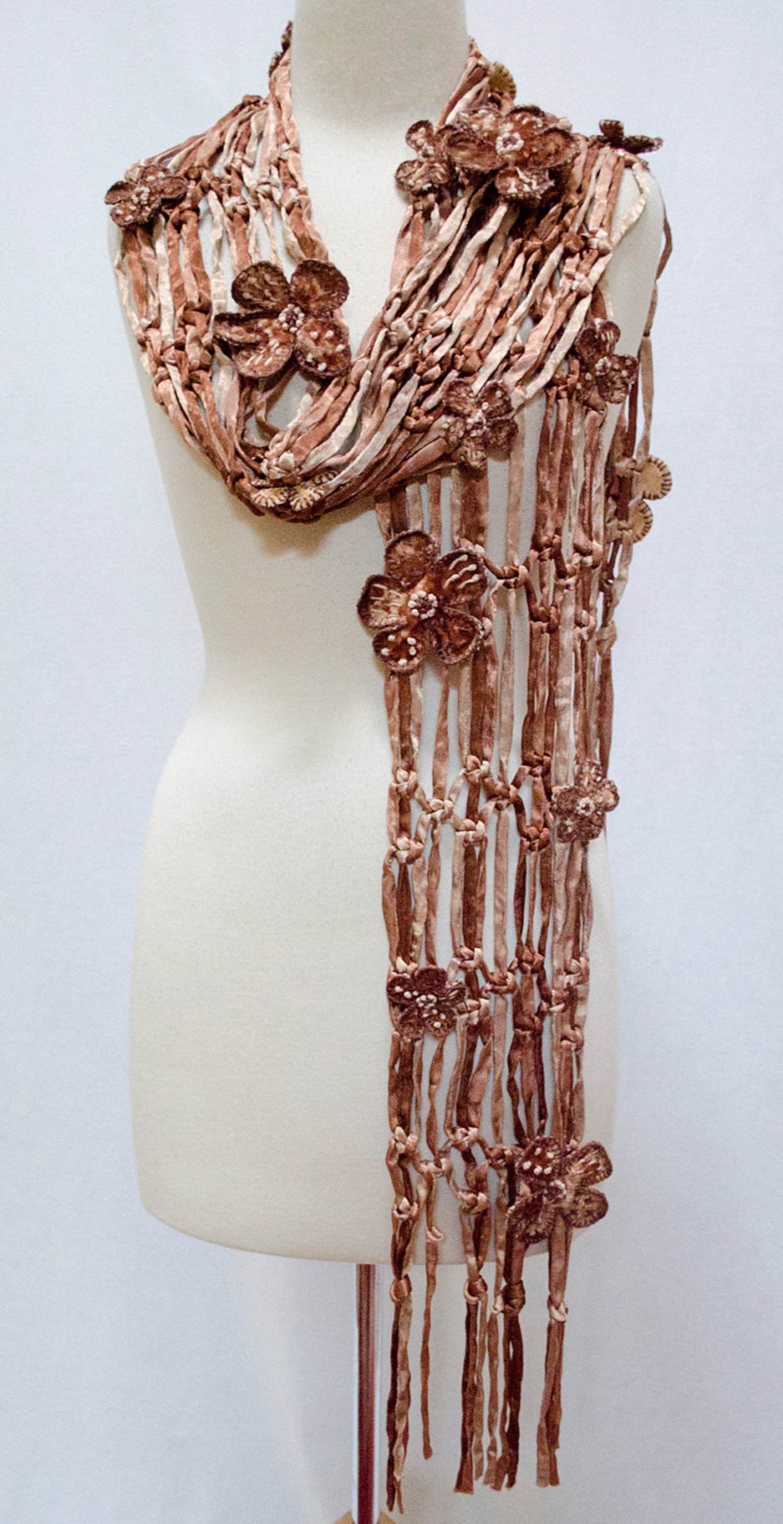 Macrame Floral Art Scarf 20 X 80 Mocha Brown - Etsy