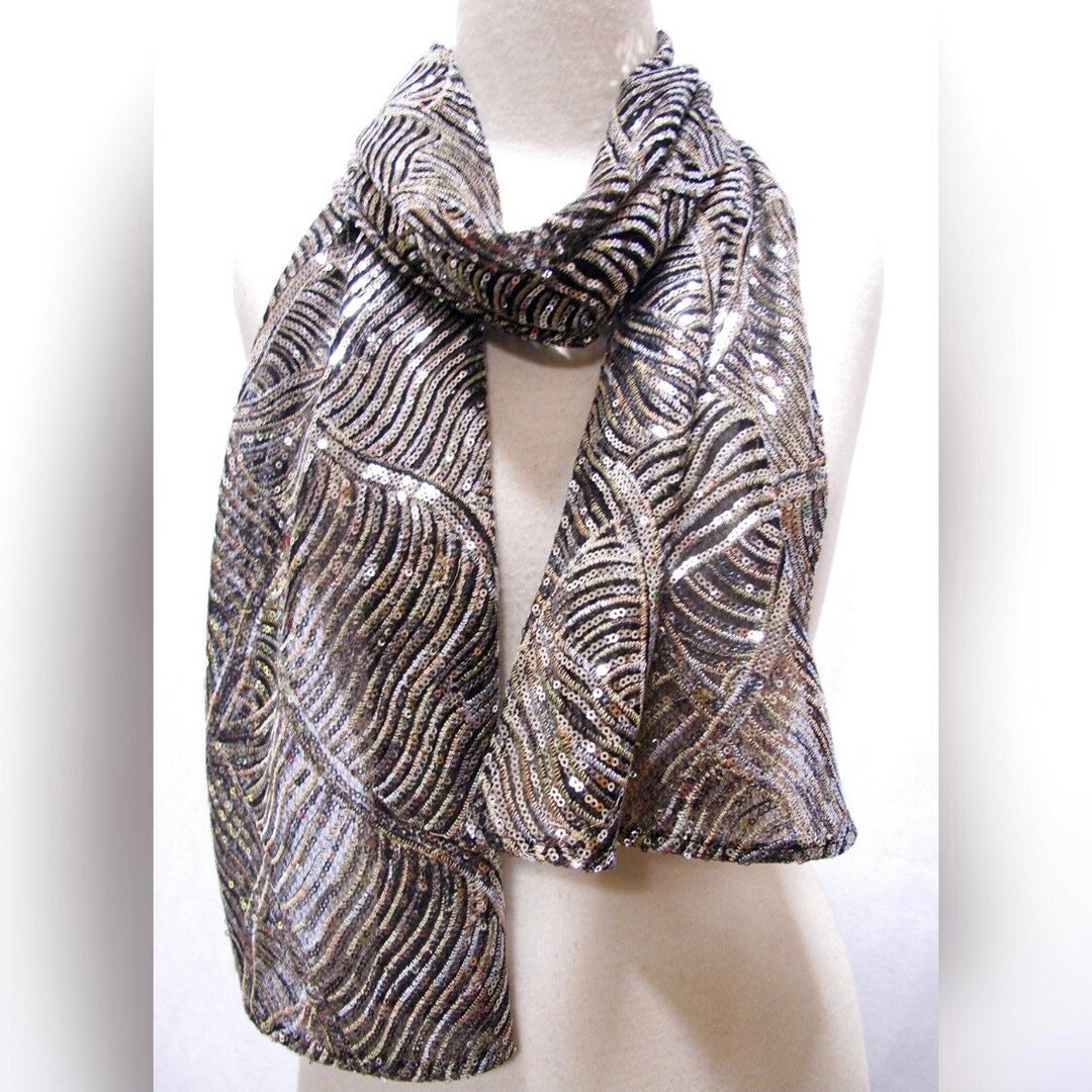 Wavy Embroidered Sequin Scarf Stole Wrap Shawl Black Silver - Etsy