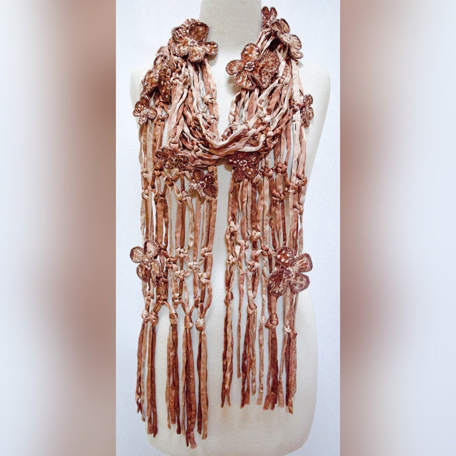 Macrame Floral Art Scarf 20 X 80 Mocha Brown - Etsy