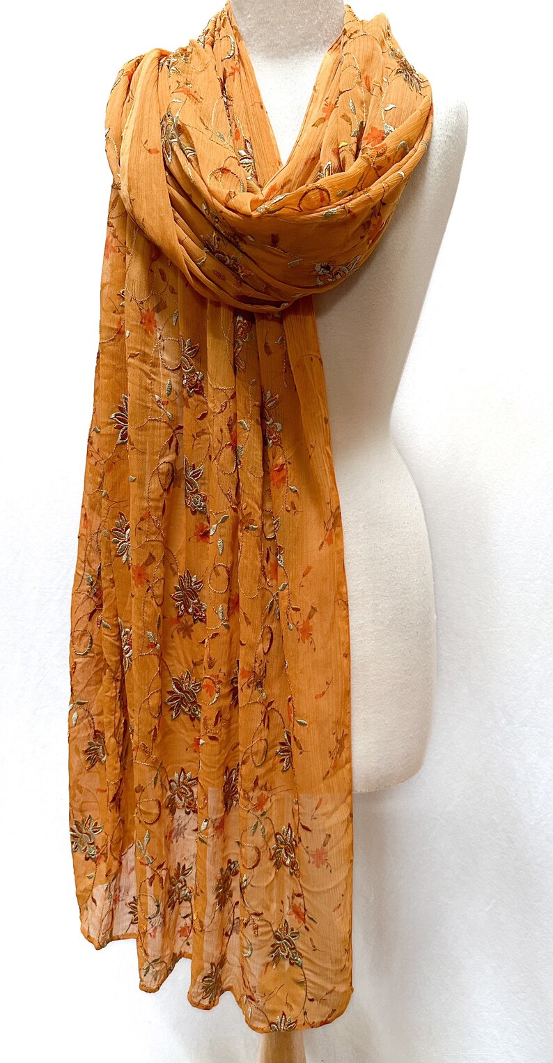 Vintage Floral Embroidered Sheer Georgette Shawl Saffron Orange - Etsy