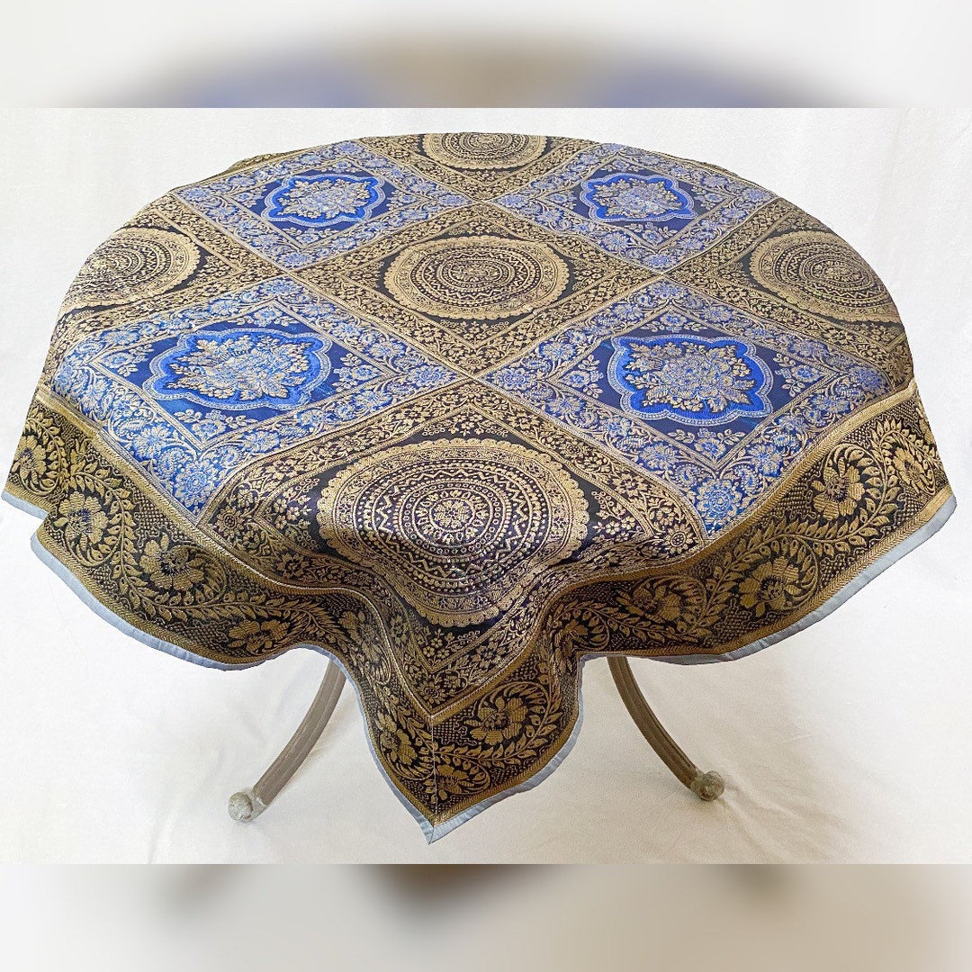 Medallion Brocade Table Topper Blue Black Gold - Etsy