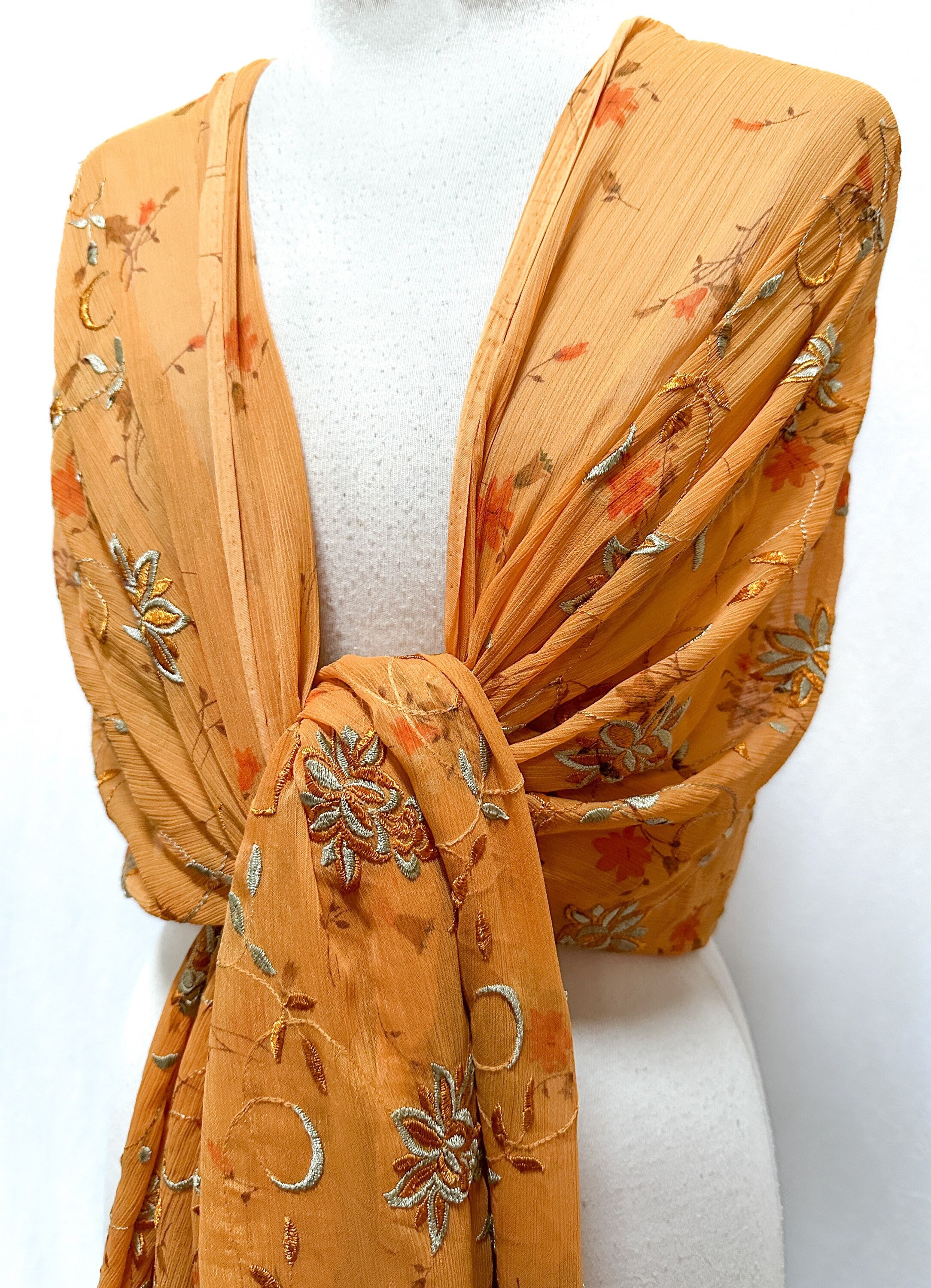 Vintage Floral Embroidered Sheer Georgette Shawl Saffron Orange - Etsy