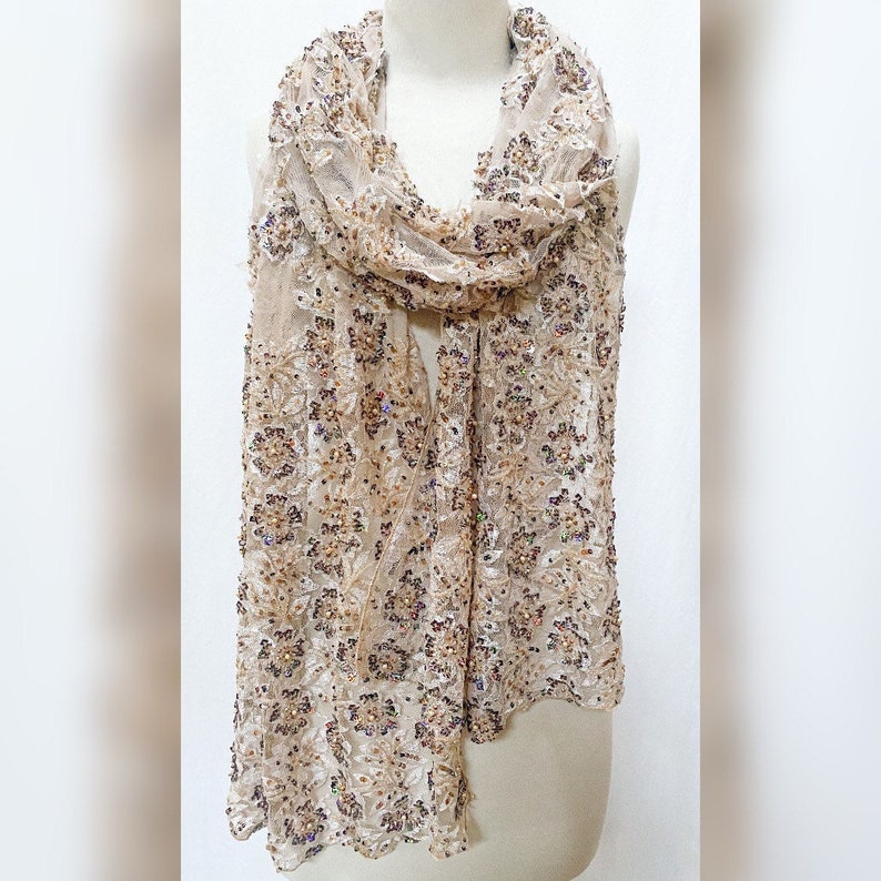 Appliqué Floral Lace Beaded Sequin Sheer Net Stole Shawl Wrap Scarf ...