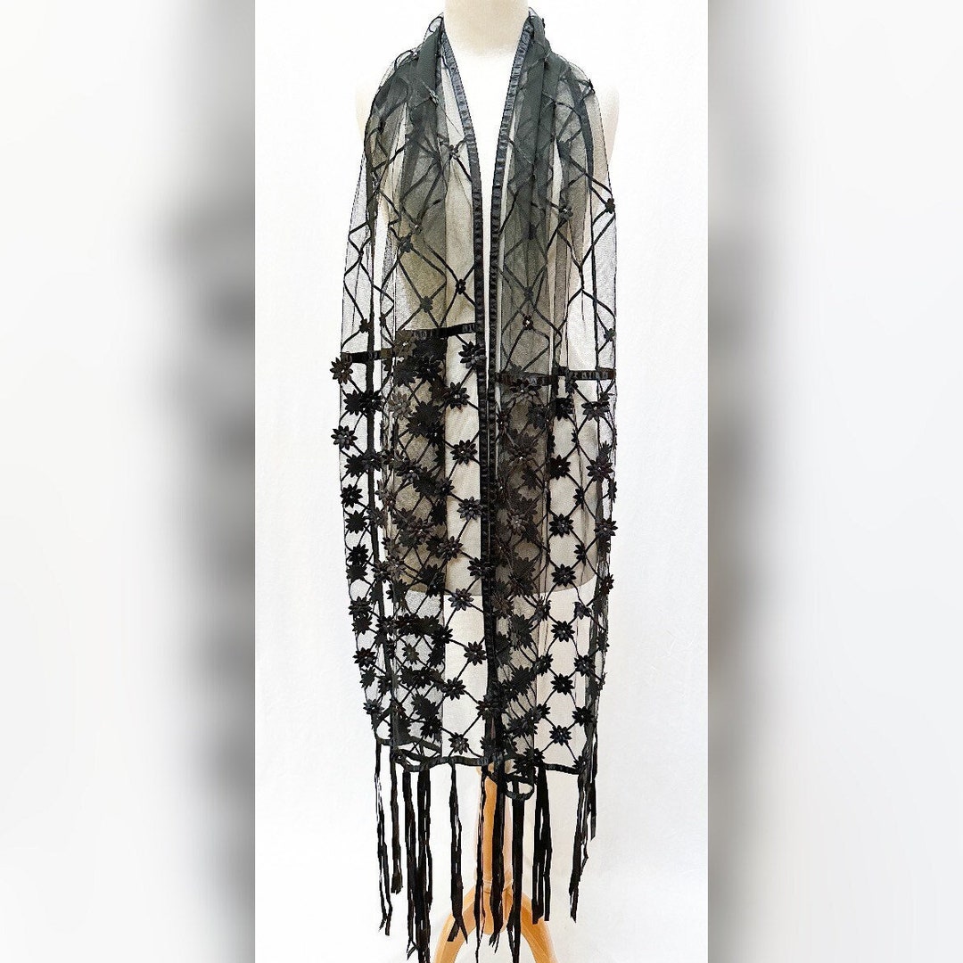 Daisy Ribbon Net Appliqué Sequin Stole Wrap Shawl Scarf With Fringe ...