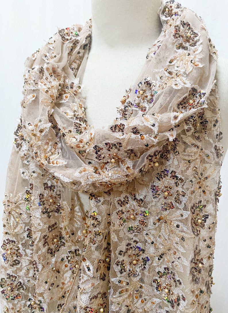 Appliqué Floral Lace Beaded Sequin Sheer Net Stole Shawl Wrap Scarf ...