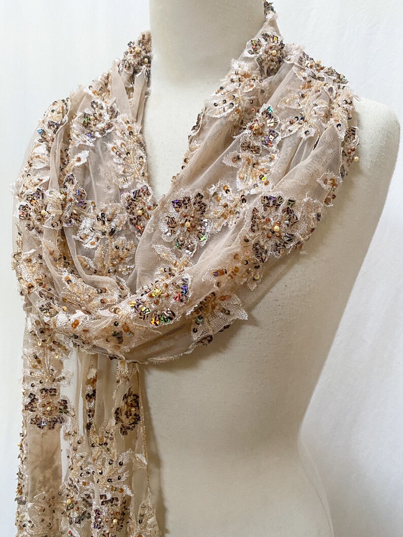 Appliqué Floral Lace Beaded Sequin Sheer Net Stole Shawl Wrap - Etsy