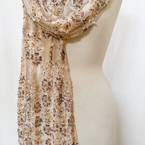 Appliqué Floral Lace Beaded Sequin Sheer Net Stole Shawl Wrap Scarf ...