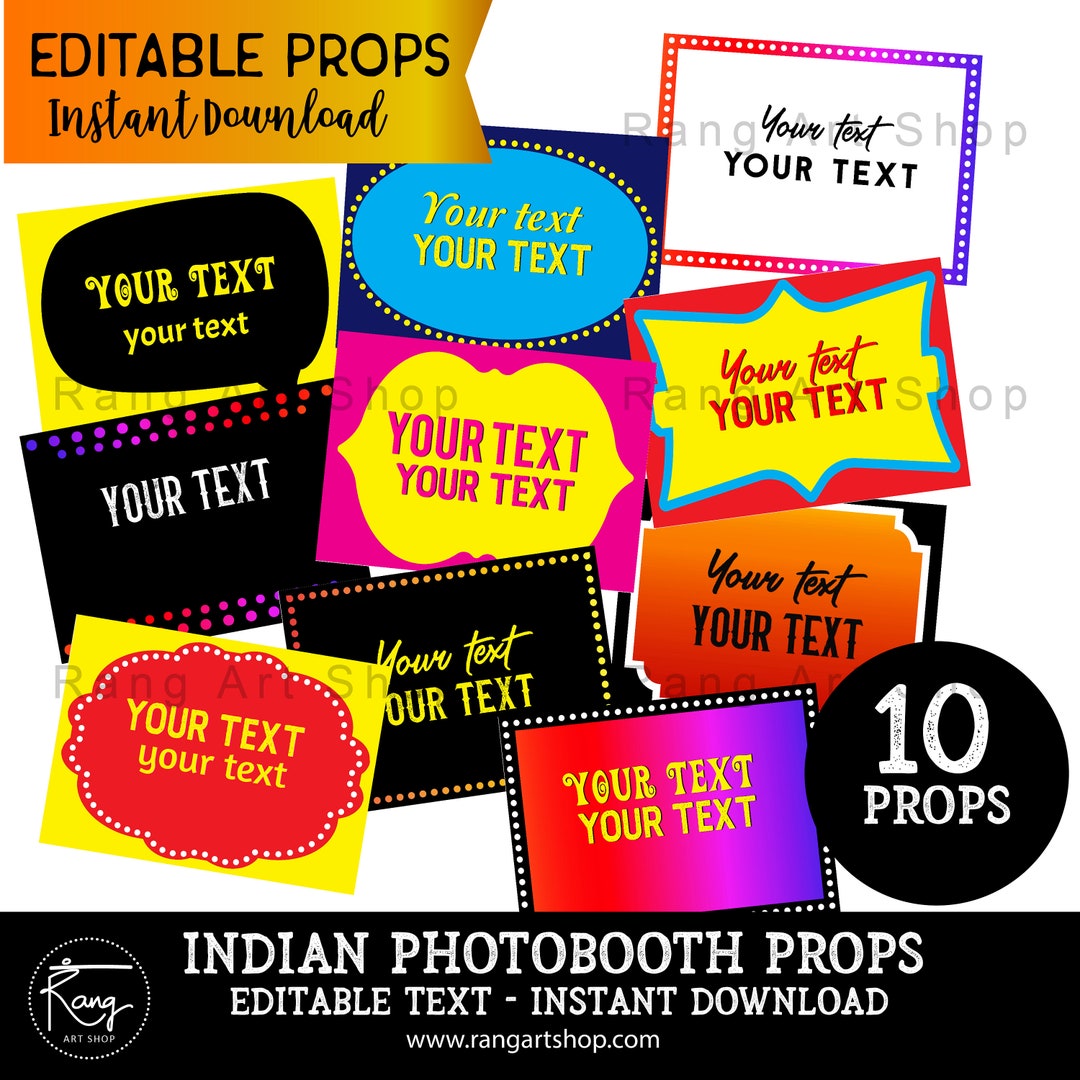 Editable Bollywood Photobooth Props Set of 10- Custom Phrases Indian ...