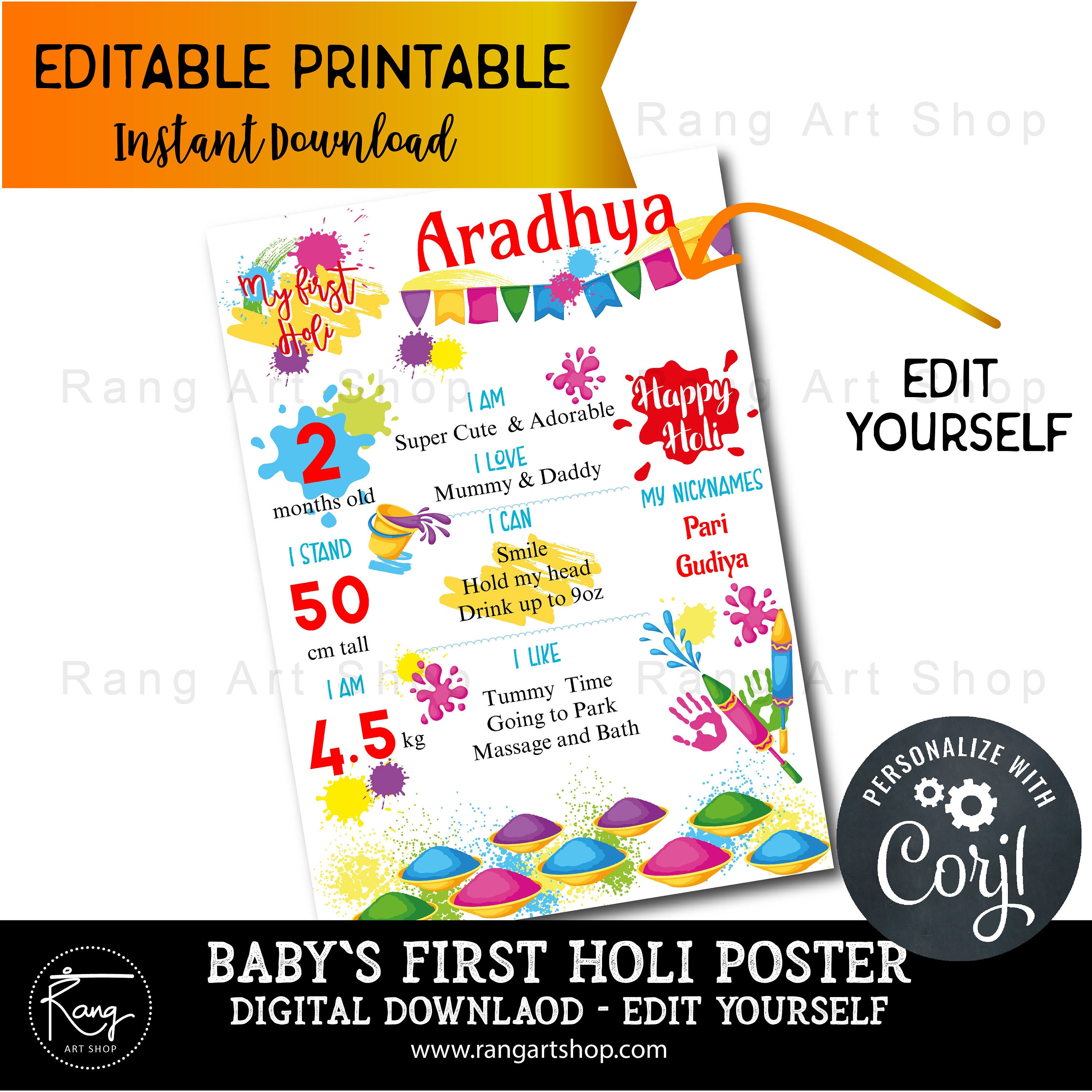 Custom Baby's First Holi Milestone Poster - First Holi Party - Happy ...