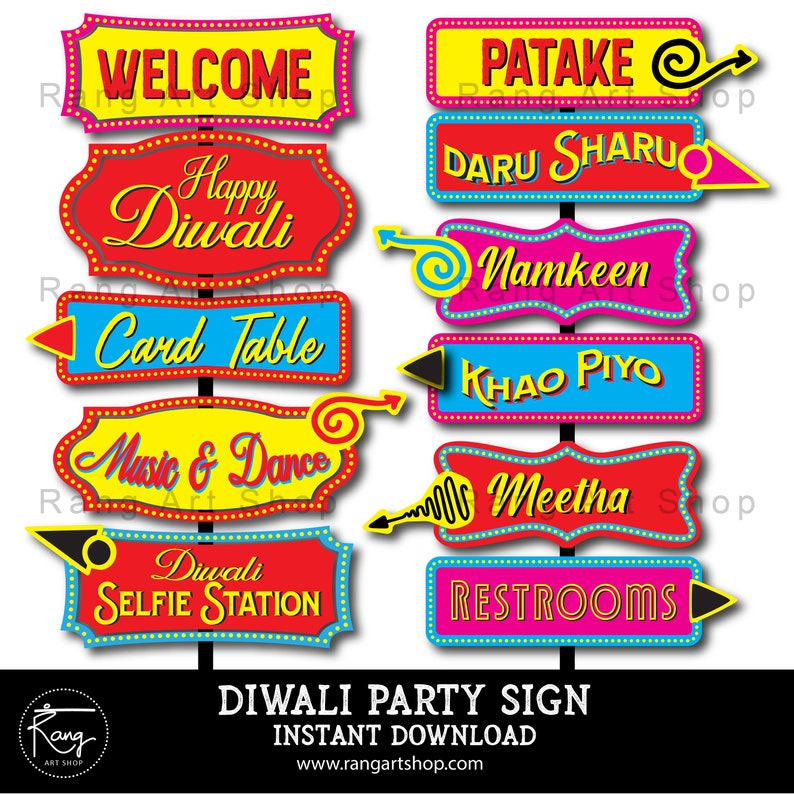 Happy Diwali Party Direction Signs - Set of 11 - Bollywood Style Party ...