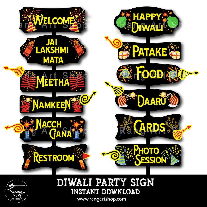 Happy Diwali Party Direction Signs - Set of 12 - Bollywood Style Party ...