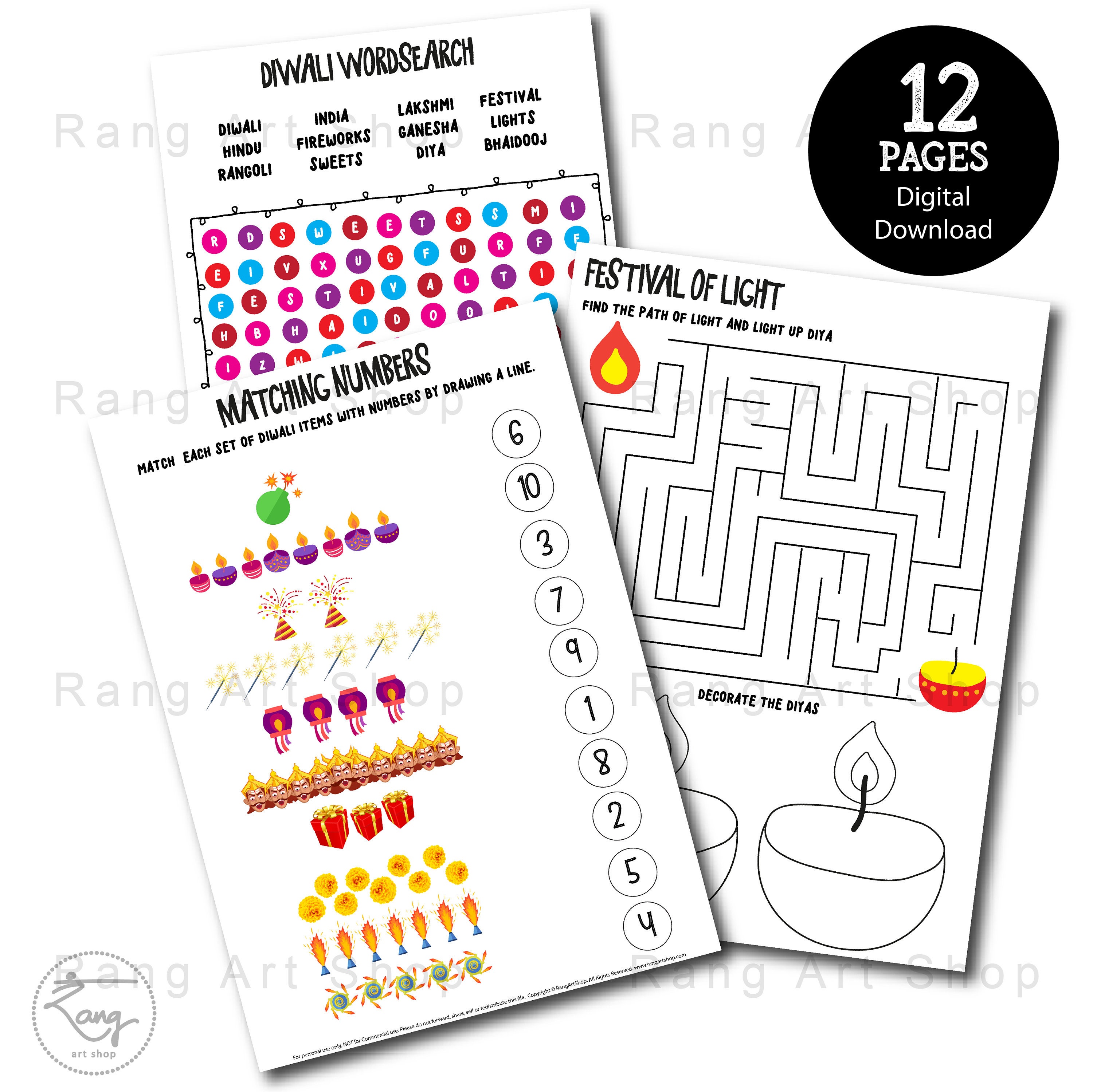 Diwali Activity Pages for Kids - 12 Pages - Diwali Colouring Pages ...