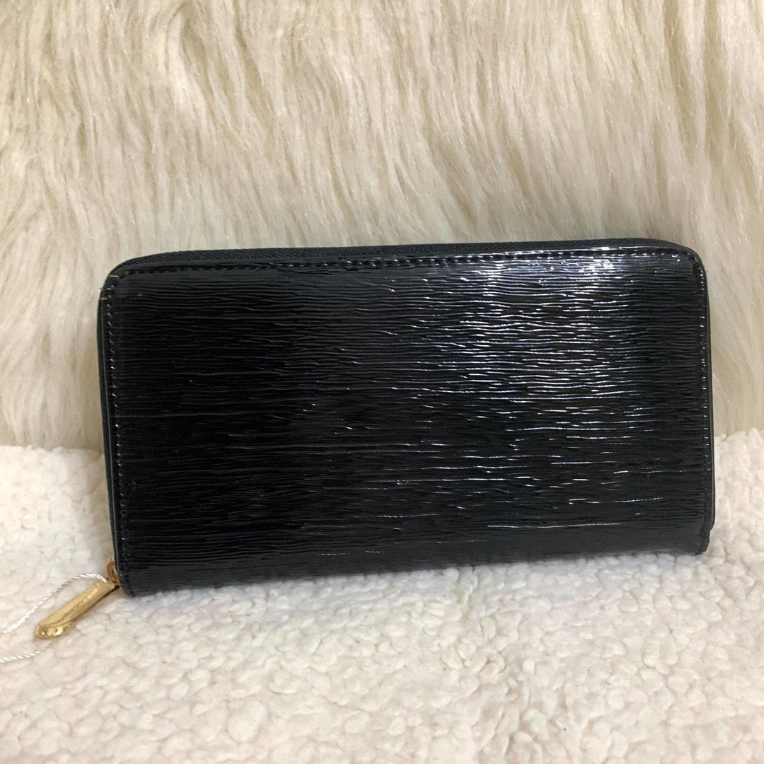Black Wavy Texture Striated Patent Leather Zip Around Continental ...