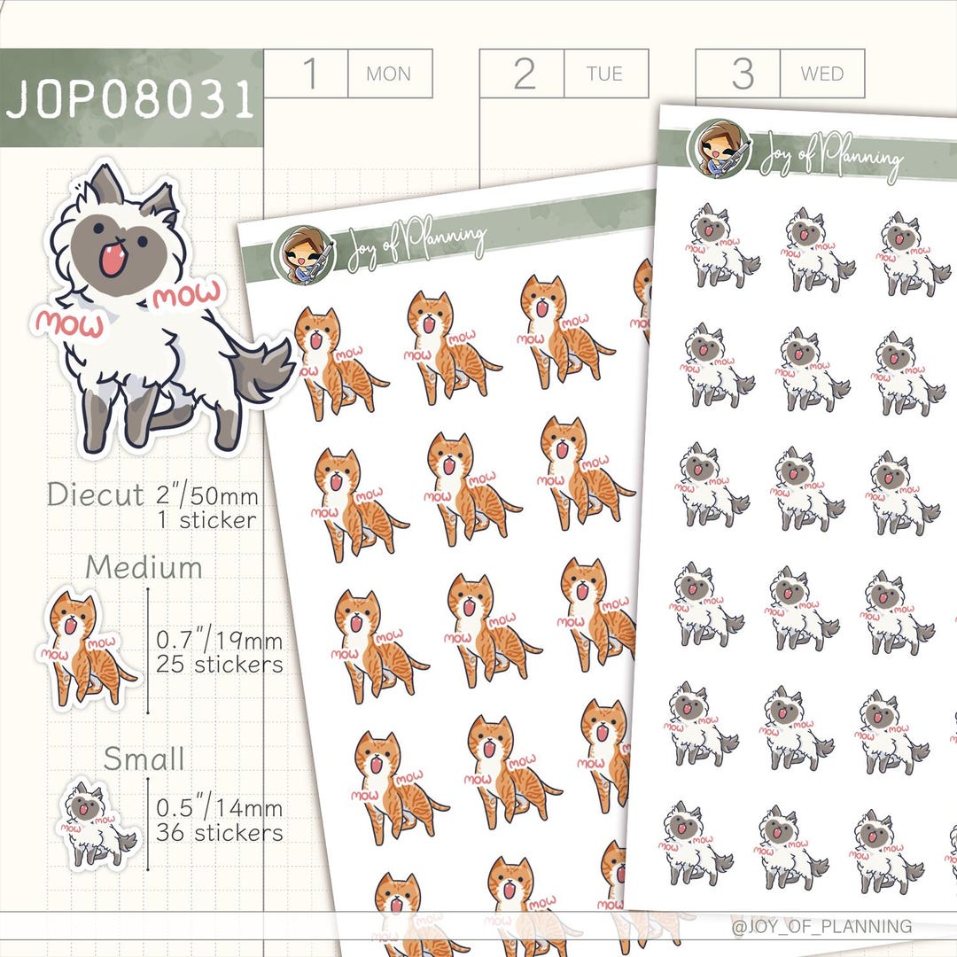 Meowing Cat Sticker Sheet - Hand Drawn Custom Made Planner Stickers ...