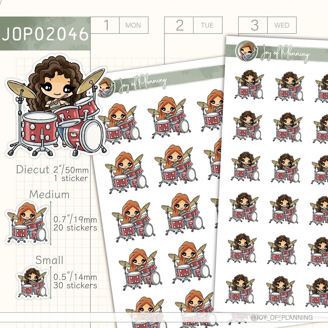 Playing Drums Stickers / Music Practice Stickers / Hand Drawn Character ...