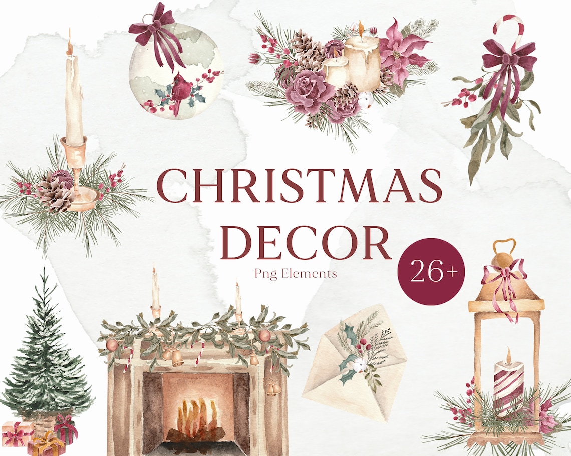 Christmas Watercolor Classic Clipart Decor Vintage Floral - Etsy