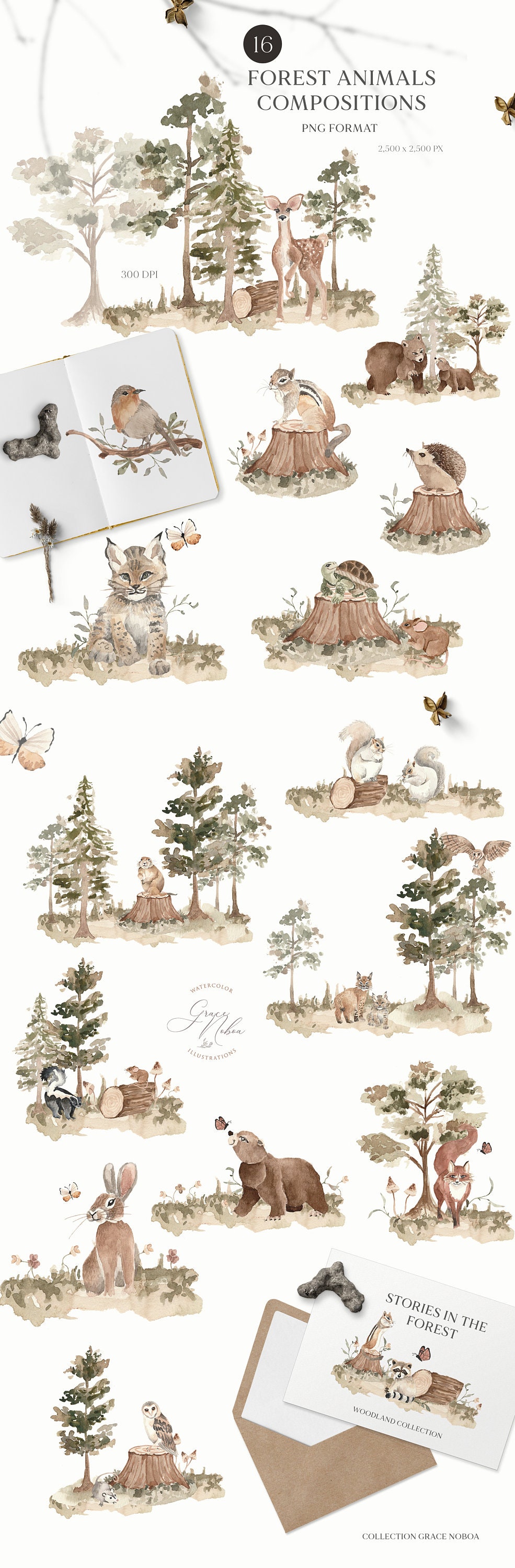 Watercolor Woodland Forest Animals Clipart Wildflower - Etsy