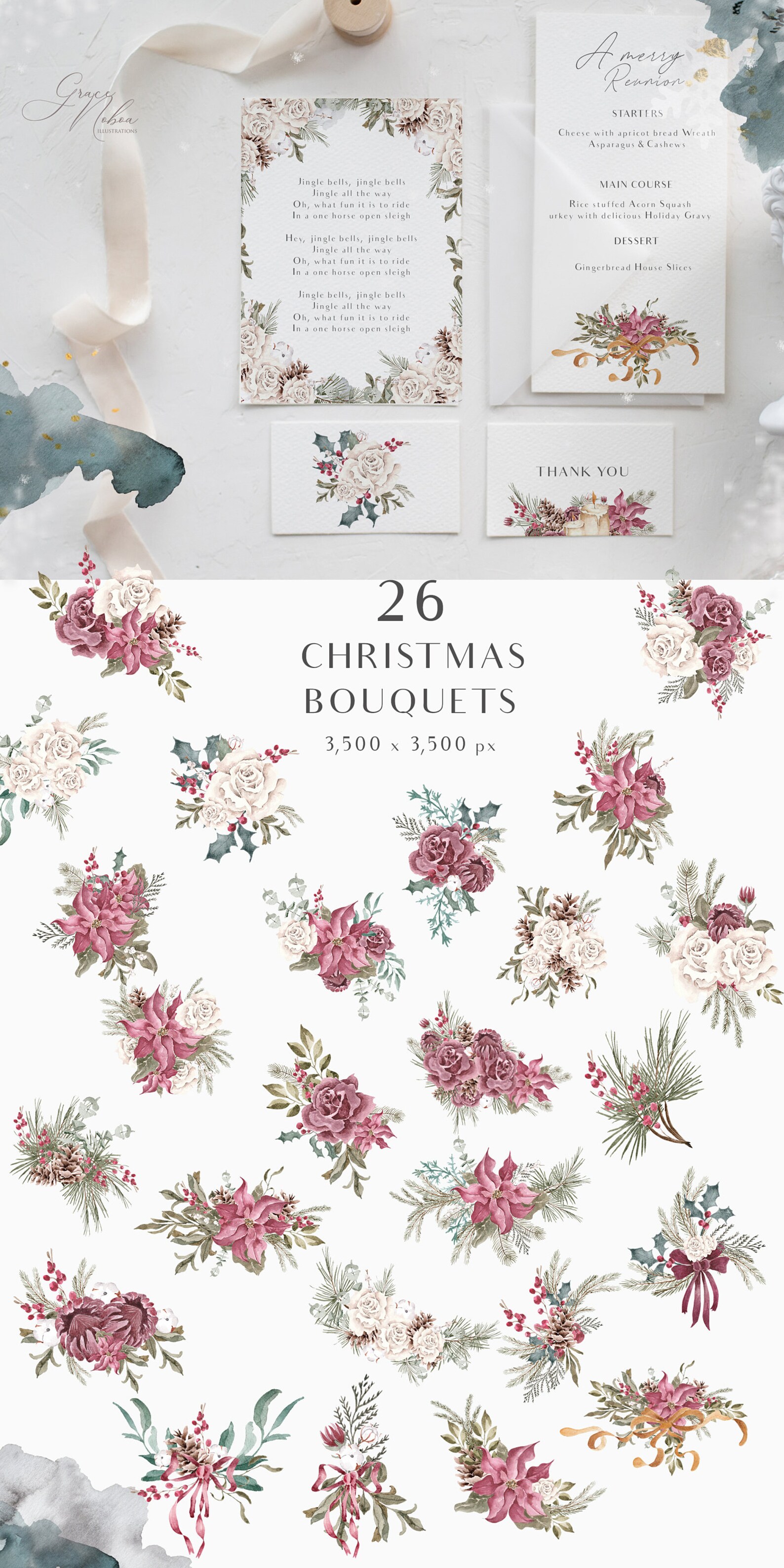 Christmas Winter Watercolor Clipart Holly Bouquet - Etsy