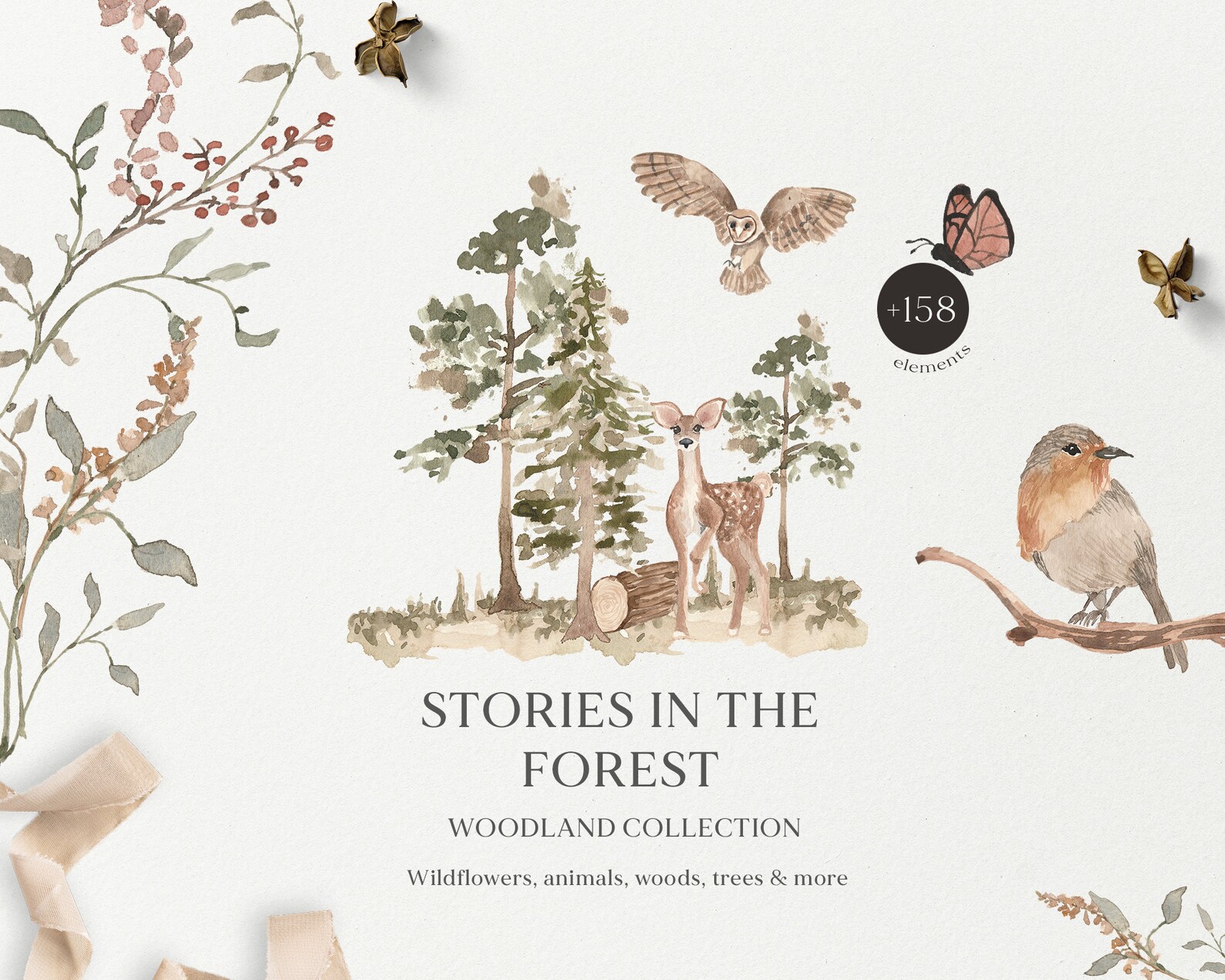 Watercolor Woodland Forest Animals Clipart Wildflower Watercolor ...