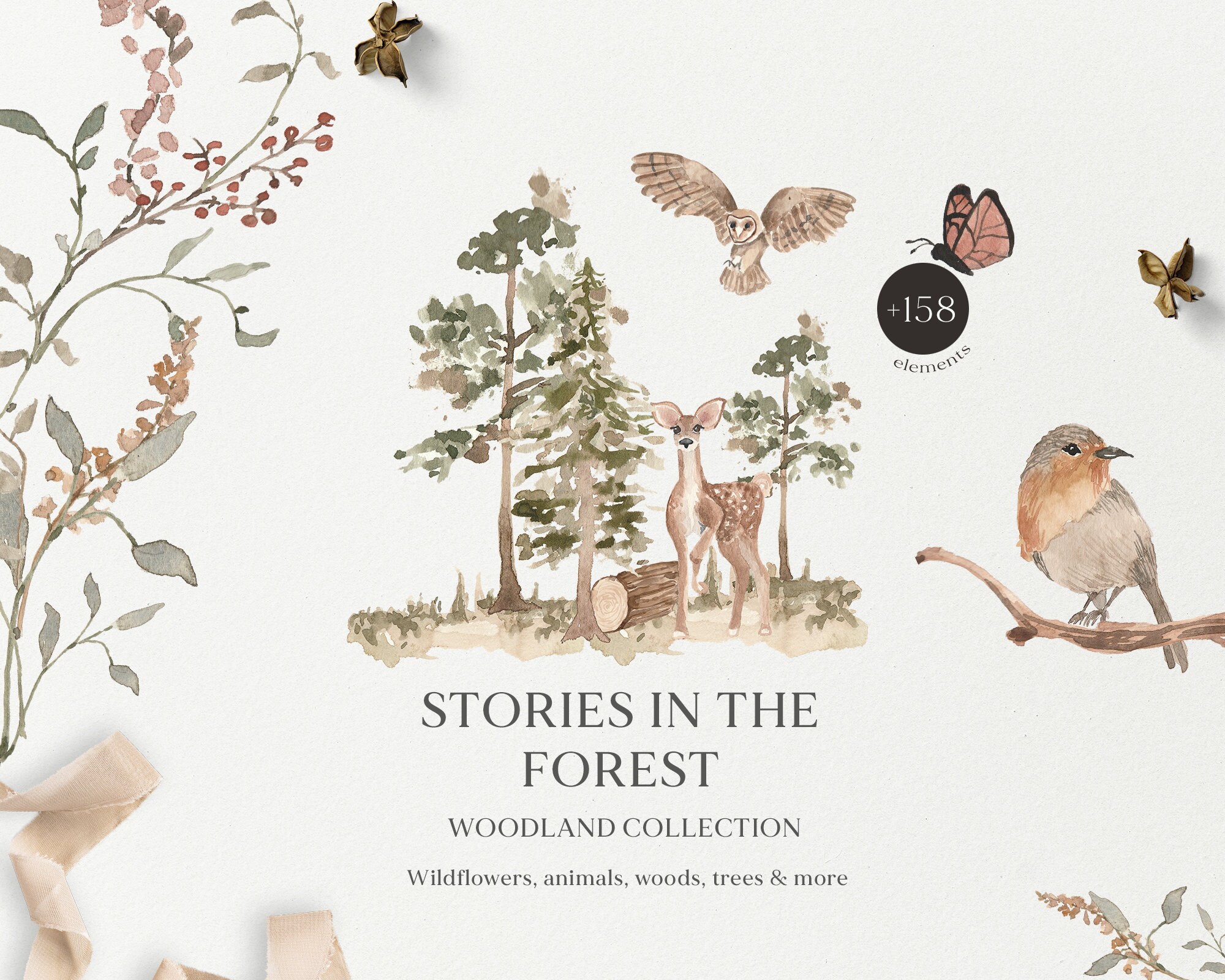 Watercolor Woodland Forest Animals Clipart Wildflower - Etsy