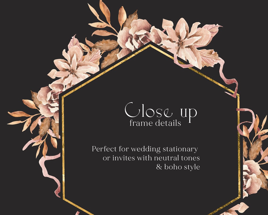 Boho Floral Golden Frame Watercolor clipart Neutral tones | Etsy