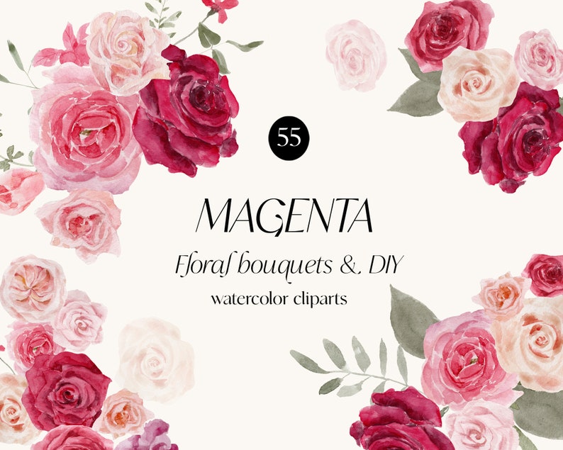 Watercolor Flower Pink Magenta Roses Floral Garden Bouquets - Etsy