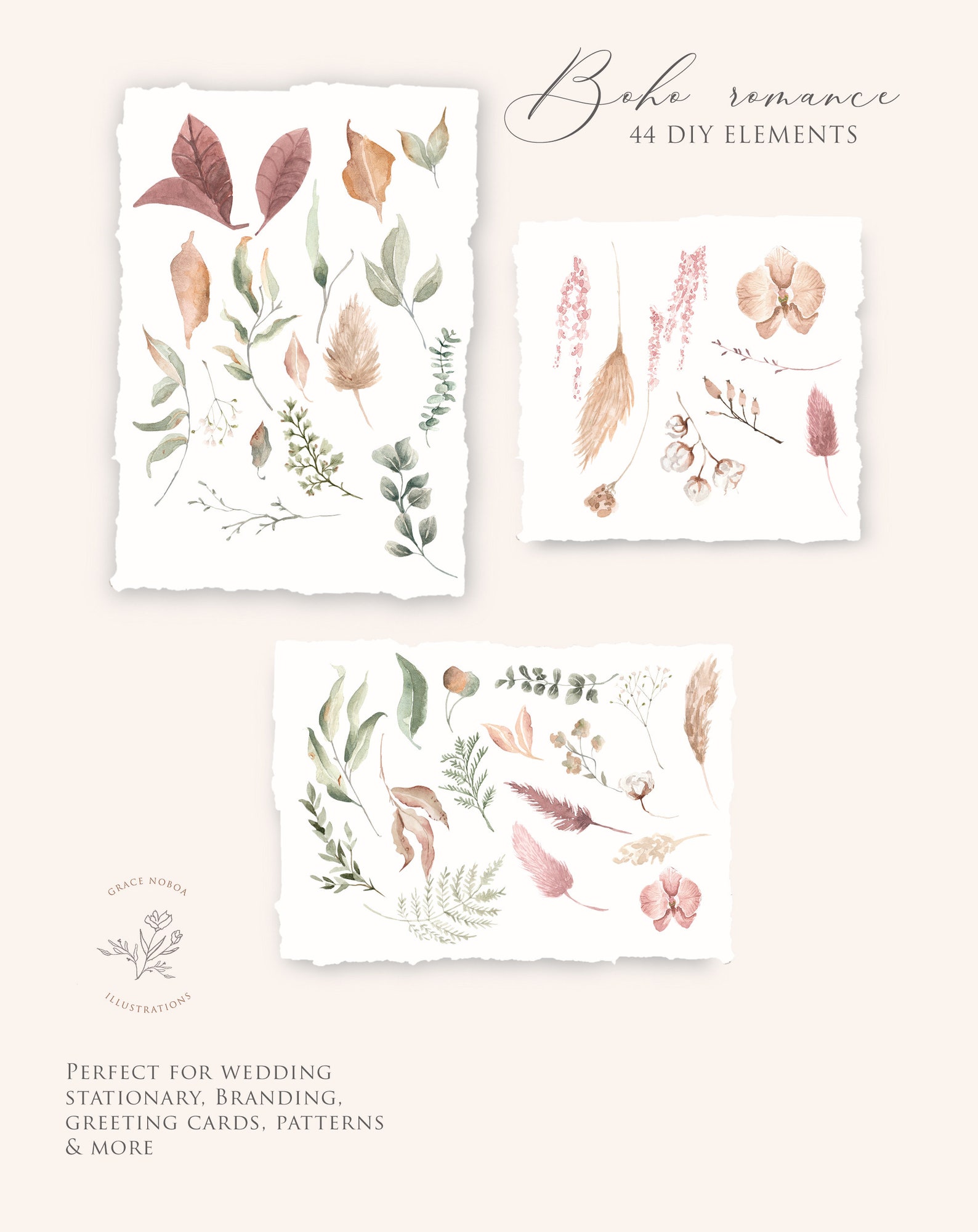 BOHO Fall Floral Watercolor Clipart Set Greenery Romantic - Etsy
