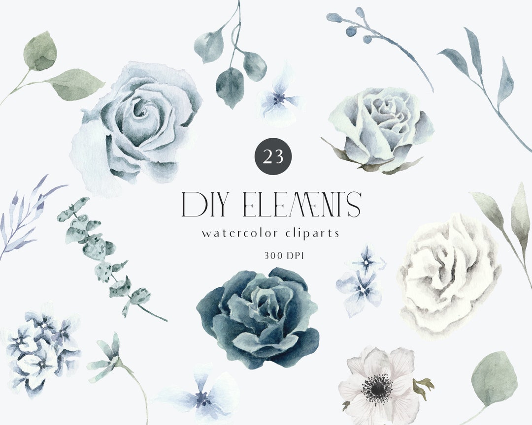 Winter Floral Clipart Dusty Blue Flowers Floral Clipart Watercolor ...