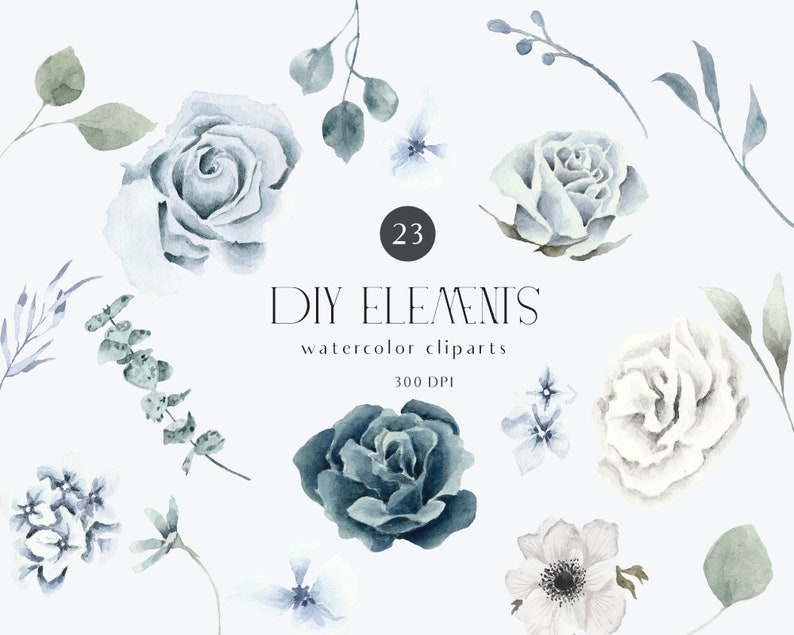 Winter Floral Clipart Dusty Blue Flowers Floral Clipart - Etsy