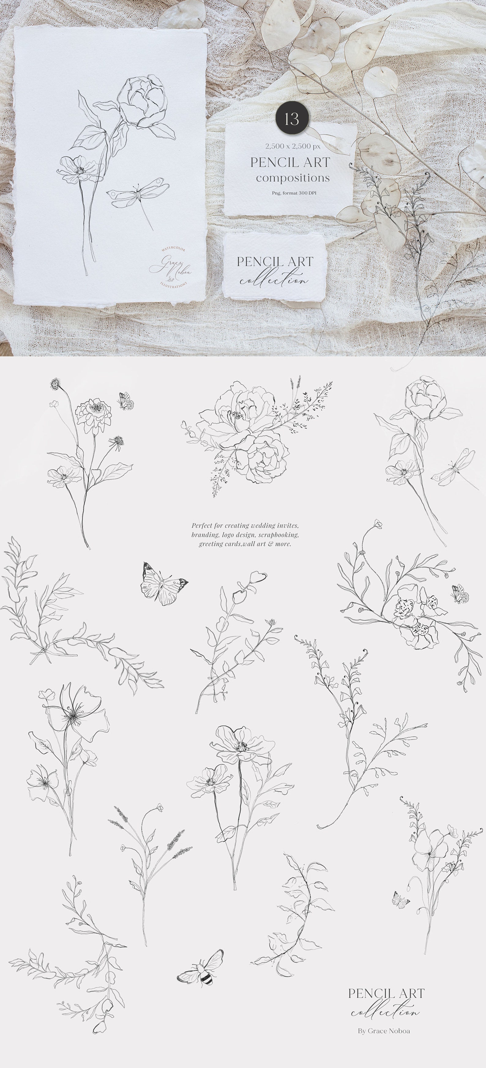 Line Art Floral Bouquets, Floral Illustrations, Flower Hand Drawn ...