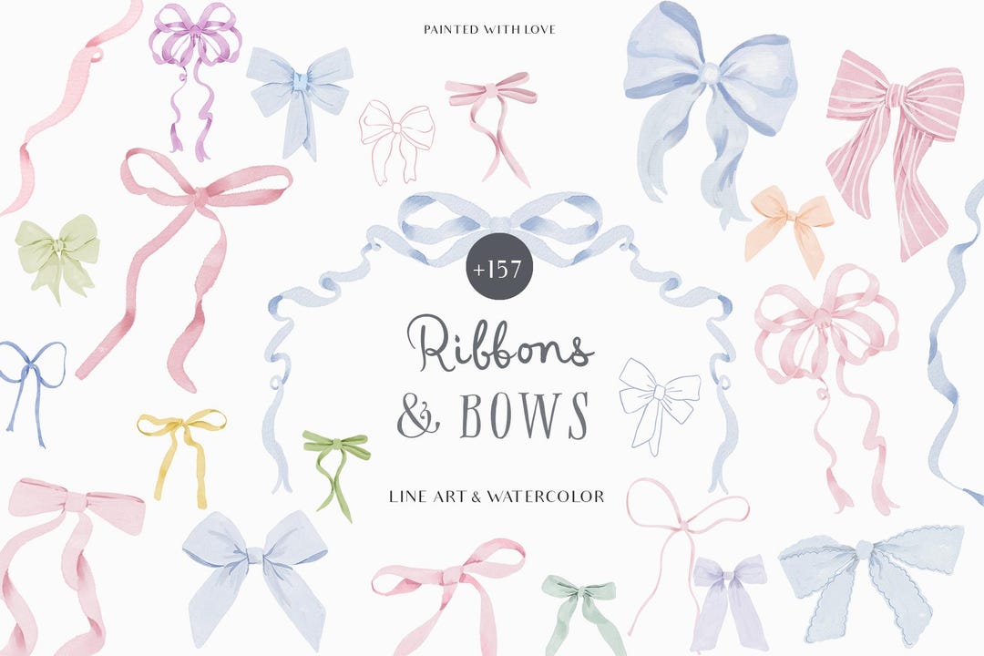Watercolor Line Art Ribbon Bow Wavy Squiggle SVG Borders- Pink Blue Bow ...