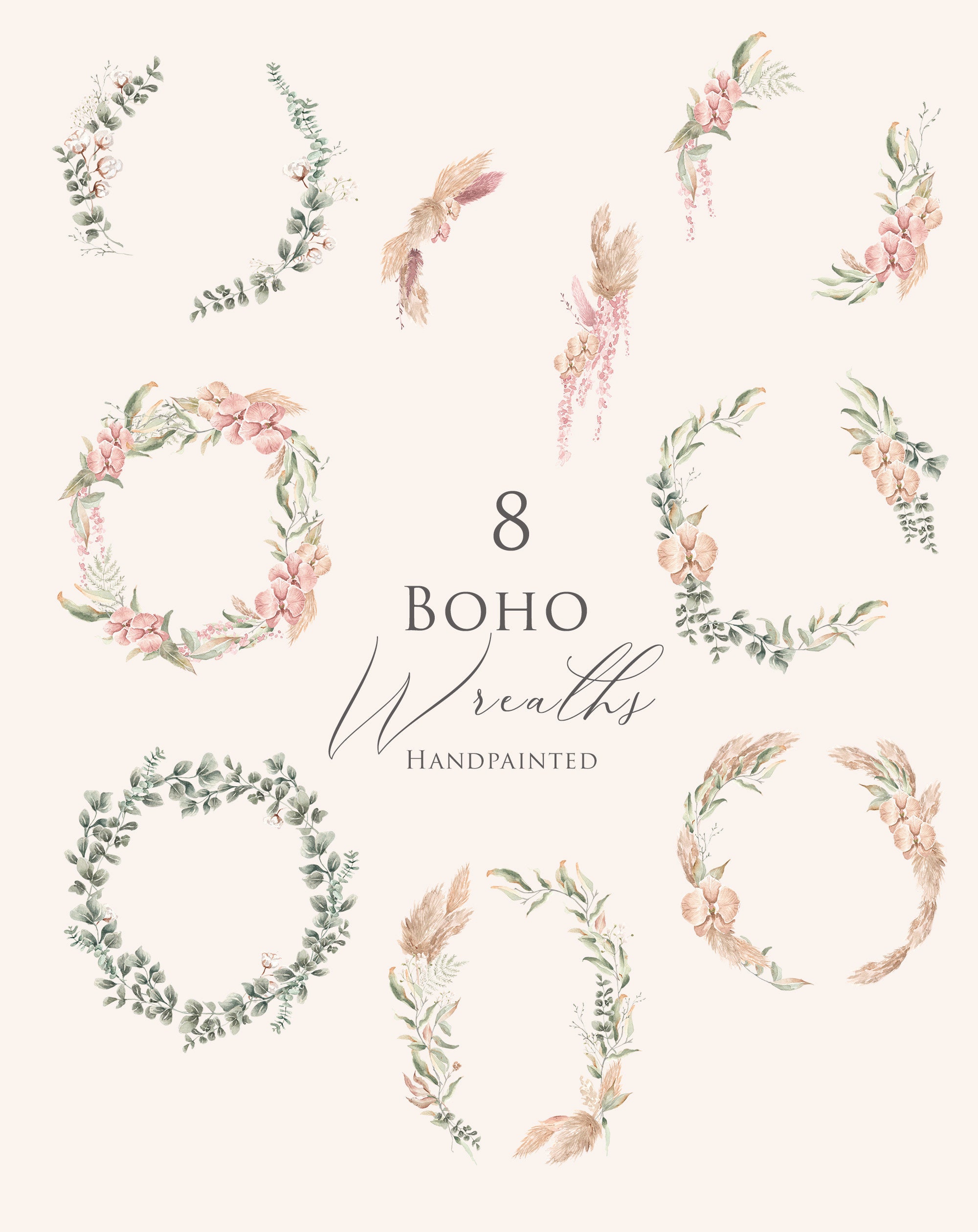 Bohemian Floral Wreaths Watercolor Set Boho Flowers Orchid - Etsy