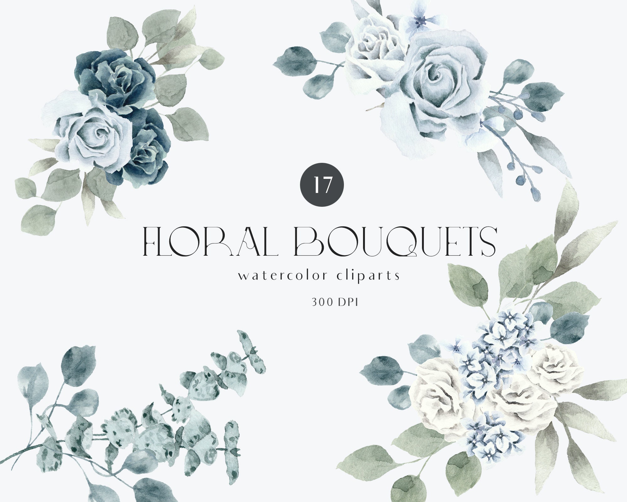 Dusty Blue Watercolor Floral Clipart Something Blue Wedding - Etsy